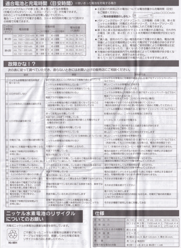 BQ-CC85 赤点滅の意味は→異常電池の場合と乾電池の場合です,Panasonic急速充電器,図付き,細かく説明,説明書付き,実物写真つき ...
